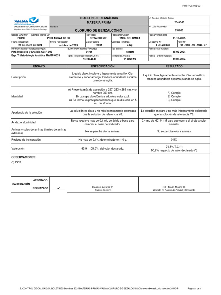 Cloruro de Benzalconio Solución 20443-P | PDF | Sustancias químicas ...