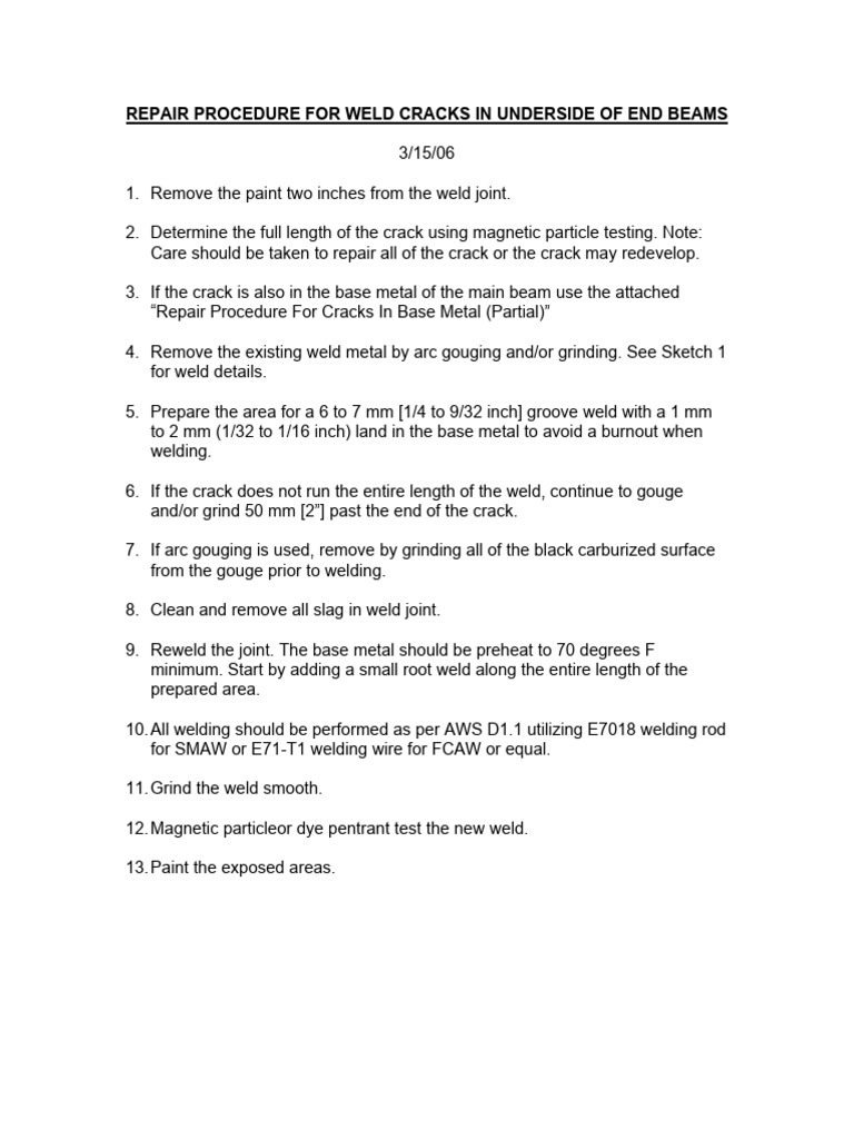 Weld Crack Repair Procedure for Beams | PDF | Technology & Engineering