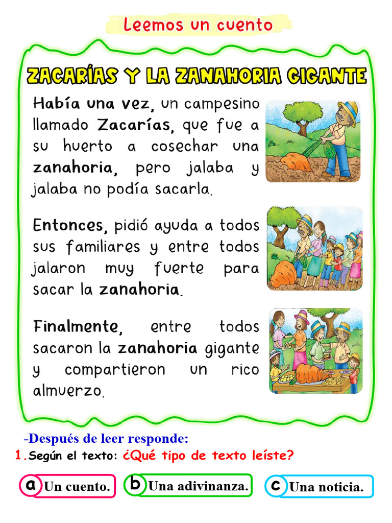 Ficha Leemos Un Cuento Zacarías y La Zanahoria Gigante Maestra Janet | PDF