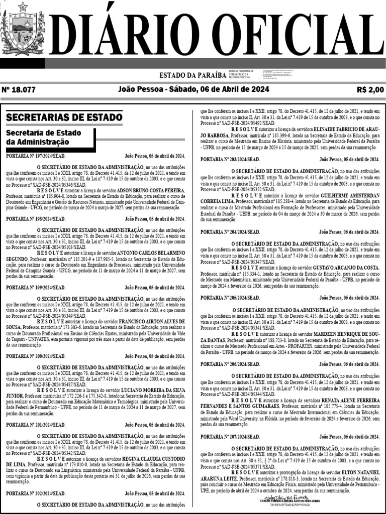 Diario Oficial 06-04-2024 DOE PARAIBA | PDF | Secretário de Estado