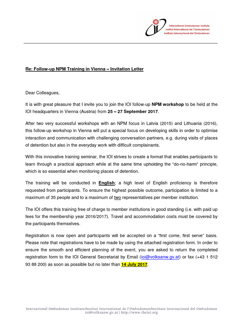 Vienna NPM Training - Invitation Letter | PDF | Communication | Human ...