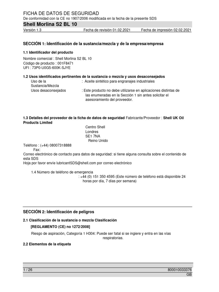 Hoja de Datos de Seguridad de Materiales de Shell Morlina S2 BL 10 ...