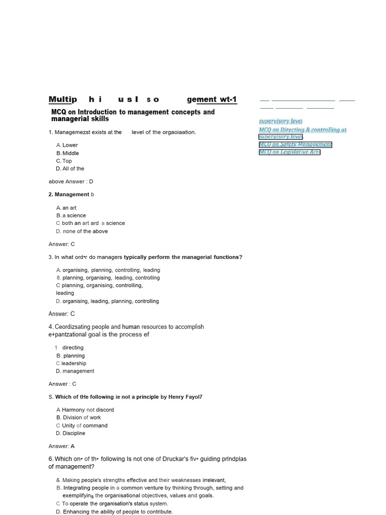 PDF MCQ On Introduction To Management Concepts and Managerial Skills ...
