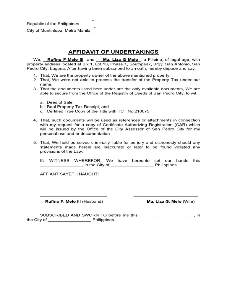 Affidavit of Undertakings for Property | PDF | Law