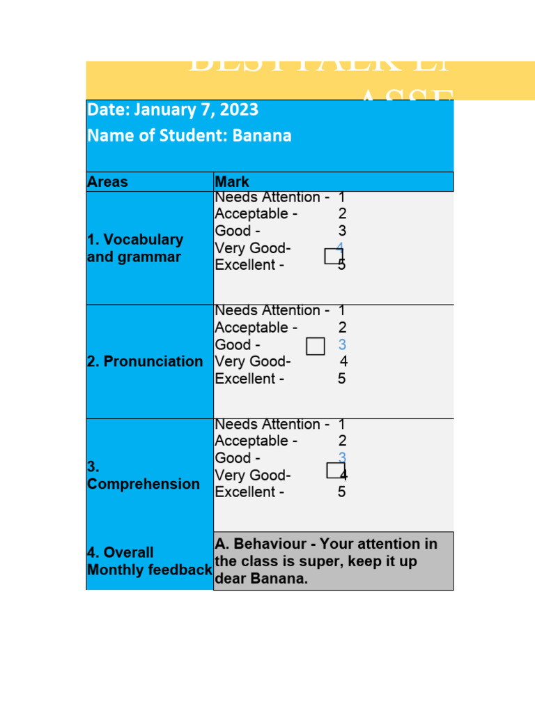 Banana assessment (1) | PDF | Reading Comprehension | Behavior Modification