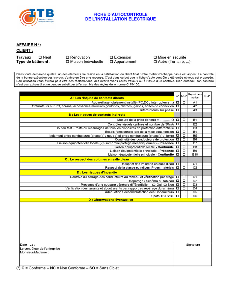Fiche d'Autocontrôle Électrique | PDF | Électrotechnique | Électricité