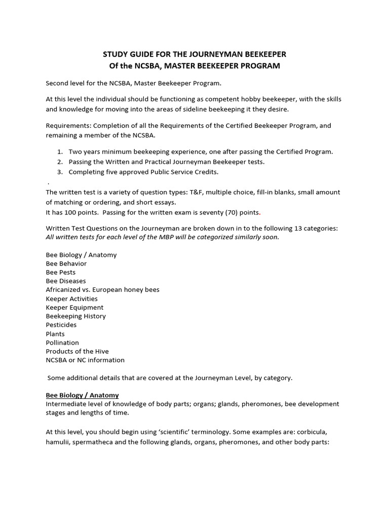 STUDY GUIDE 3rd Revised FOR THE JOURNEYMAN BEEKEEPER of The NCSBA BDJ | PDF | Honey Bee | Beekeeper