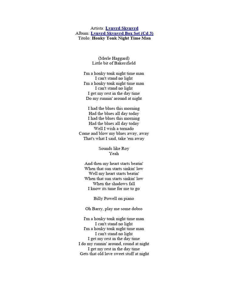 Lynyrd Skynyrd - Honky Tonk Night Time Man | PDF