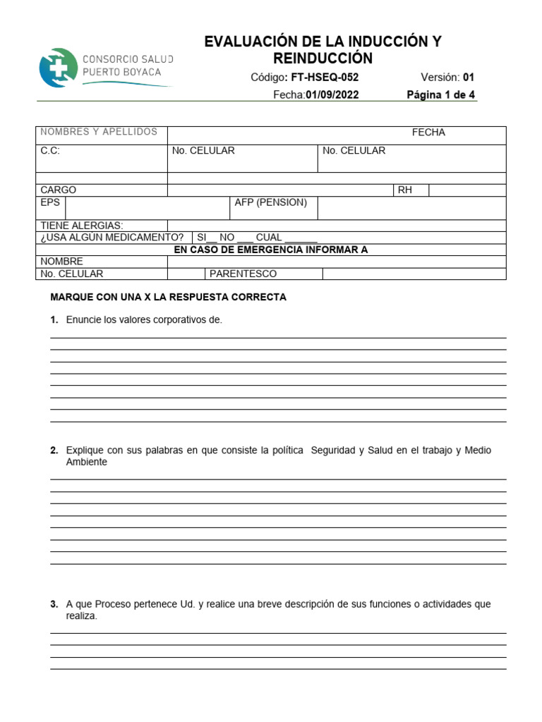 Ft-Hseq-052 Formato Evaluacion Induccion y Re-Induccion 2 | PDF | Contaminación