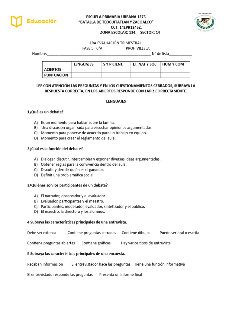 EVALUACIÓN TRIMESTRAL | PDF