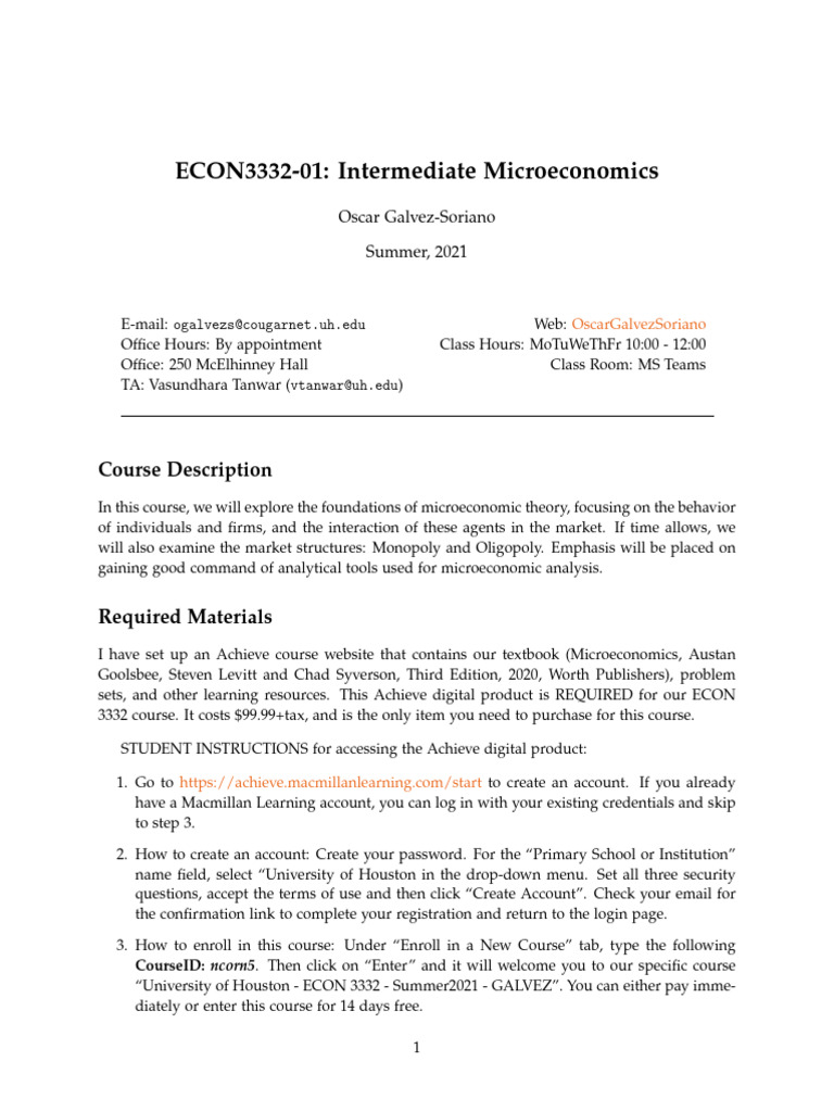 Syllabus Intermediate Micro | PDF | Perfect Competition | Profit (Economics)