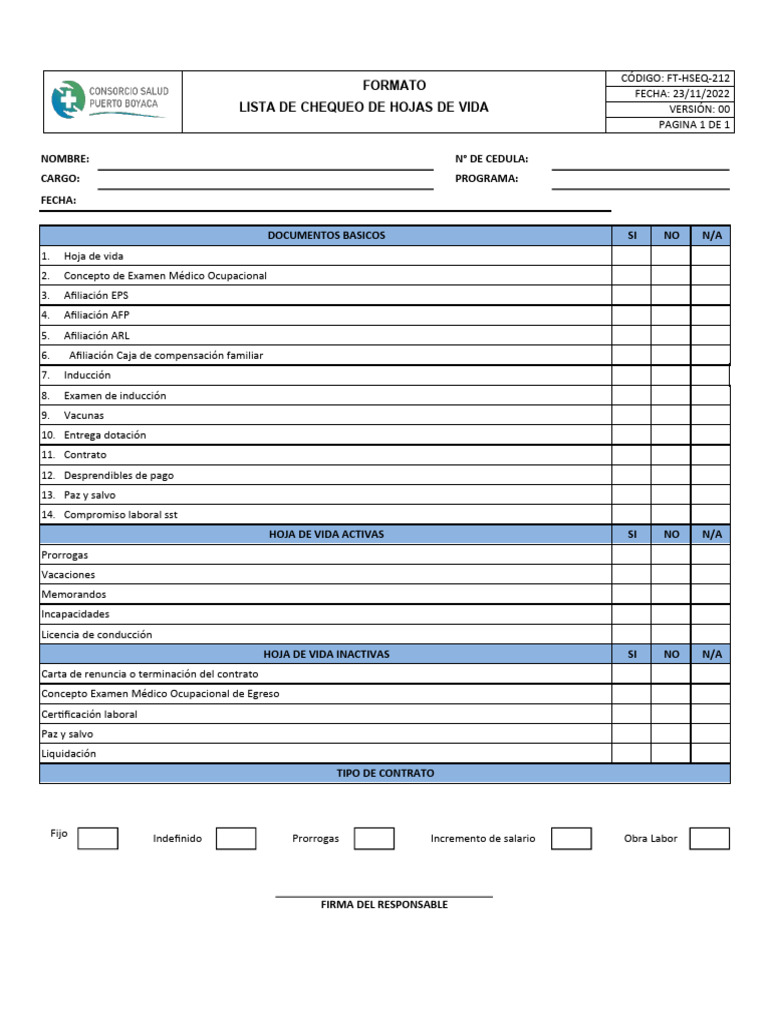 Ft-Hseq-212 Lista Chequeo Hojas de Vida | PDF
