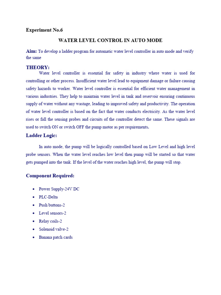 Experiment - 6 - Water Level Controller - Auto Mode | PDF | Relay | Programmable Logic Controller
