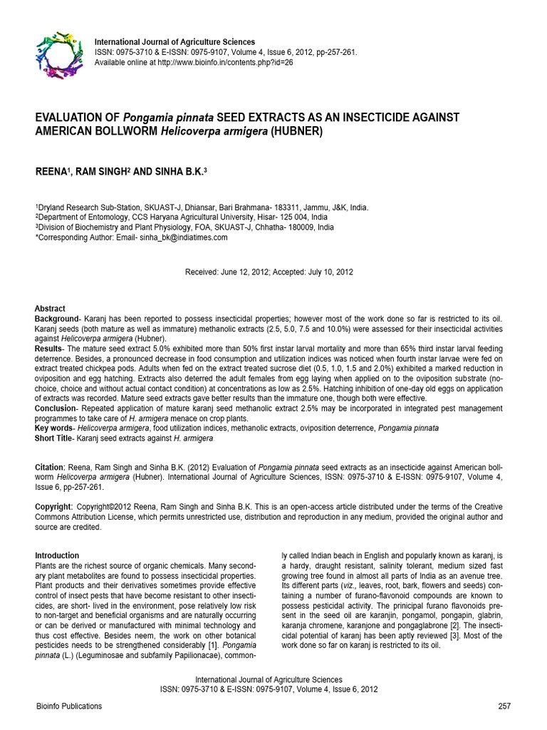 Pongamia Pinnata en Cogollero - Reena Et Al, 2012 | PDF | Distillation | Pesticide