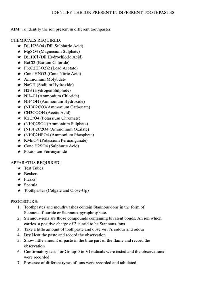 Chemistry Rough Document Ions in Toothpaste | PDF