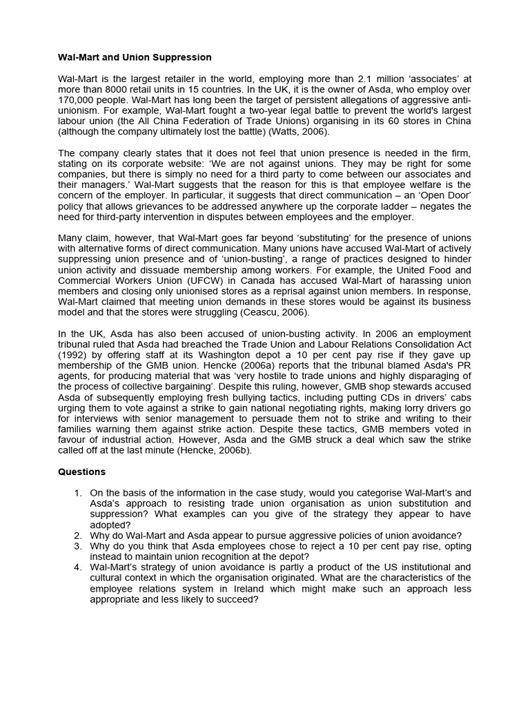 Wal-Mart Union Suppression Case Study | PDF | Trade Union | Walmart