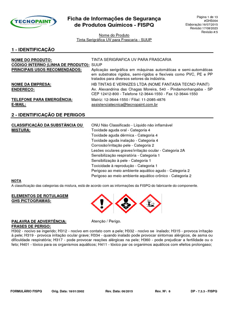 FISPQ: Tinta Serigráfica UV SUUP | PDF | Águas residuais | Incêndios