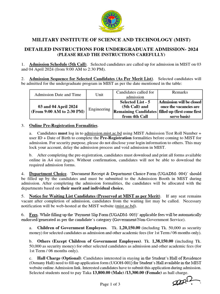 MIST Admission Instruction-2024-5 | PDF | Fee | Banks