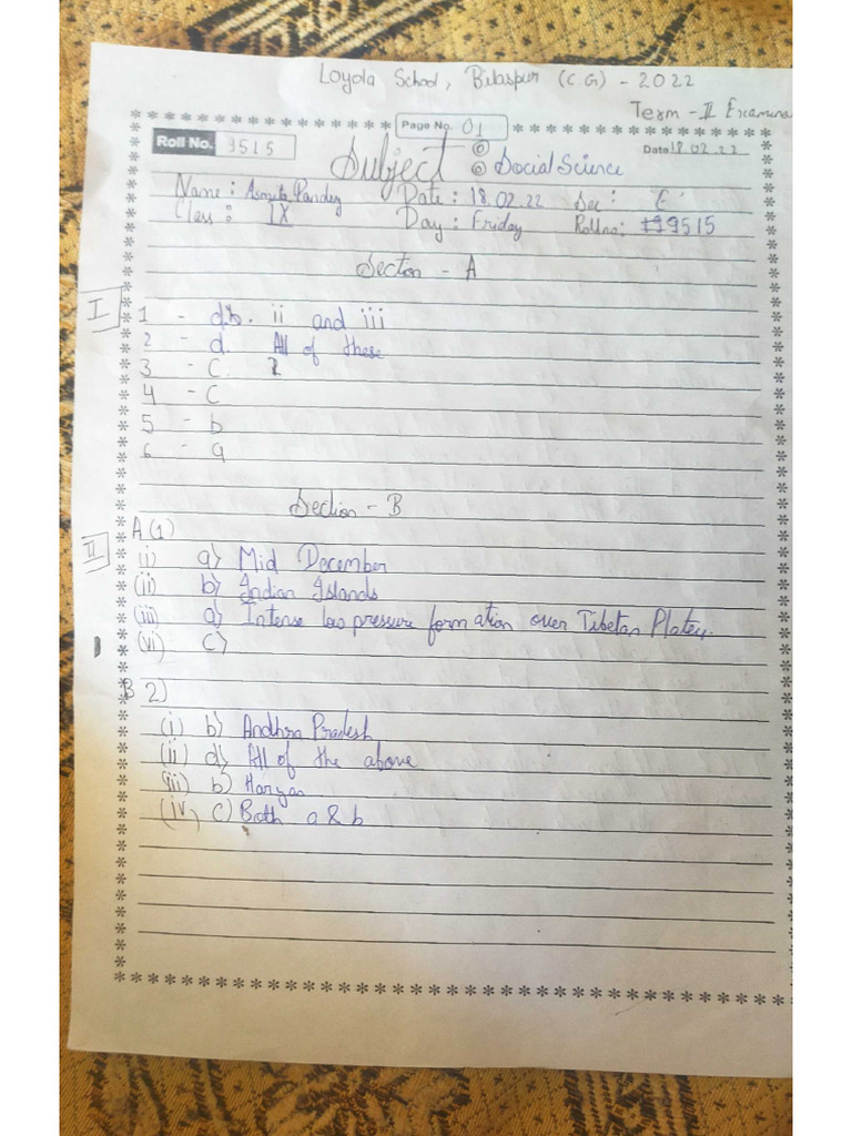 Asmita Pandey 9 E Term 2 Exam Answersheet SST | PDF