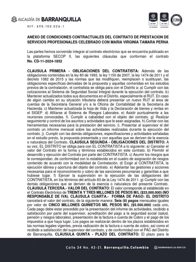 Anexo de Condiciones Contractuales Maria Virginia Tamara 2 | PDF | Derecho laboral | Multa (pena)