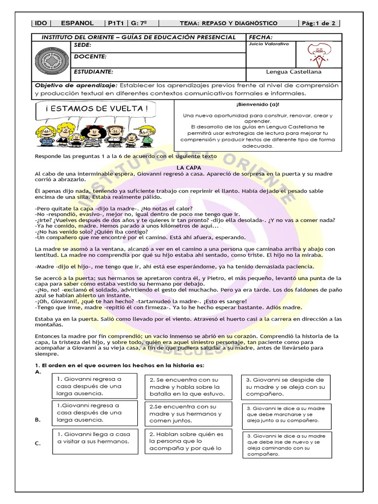 Prueba Diagnóstica Español 7º | PDF