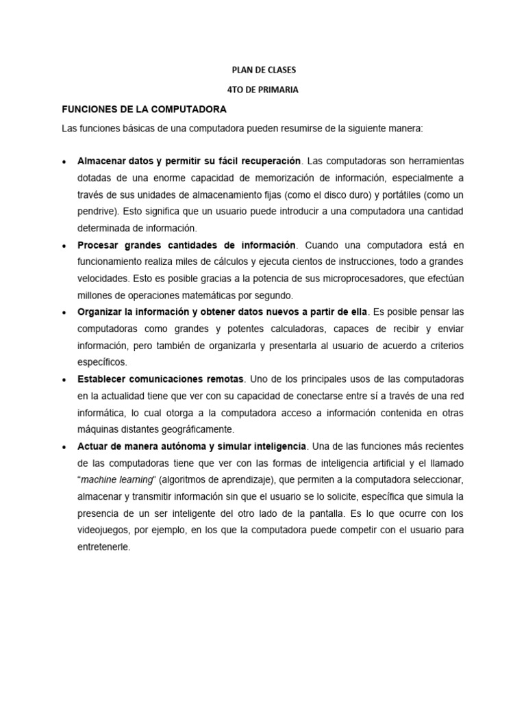 Plan de Clases 4to de Primaria | PDF