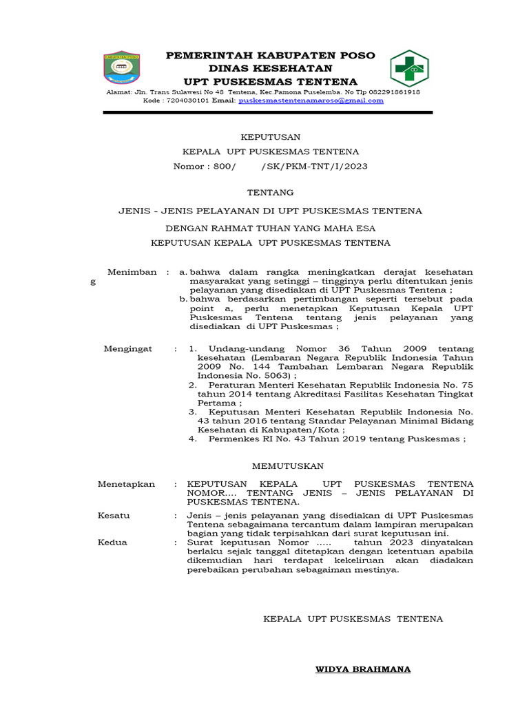 SK Jenis Layanan Di Puskesmas | PDF