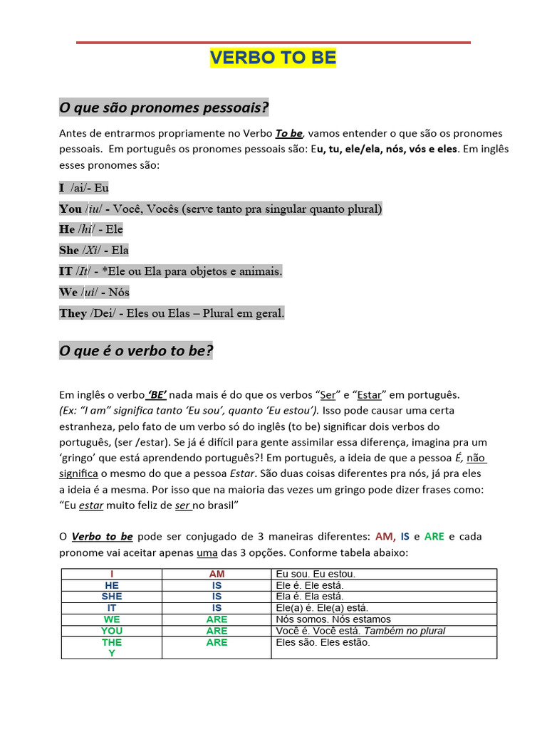 VERBO TO BE (E-Book) | Download grátis PDF | Famílias linguísticas ...