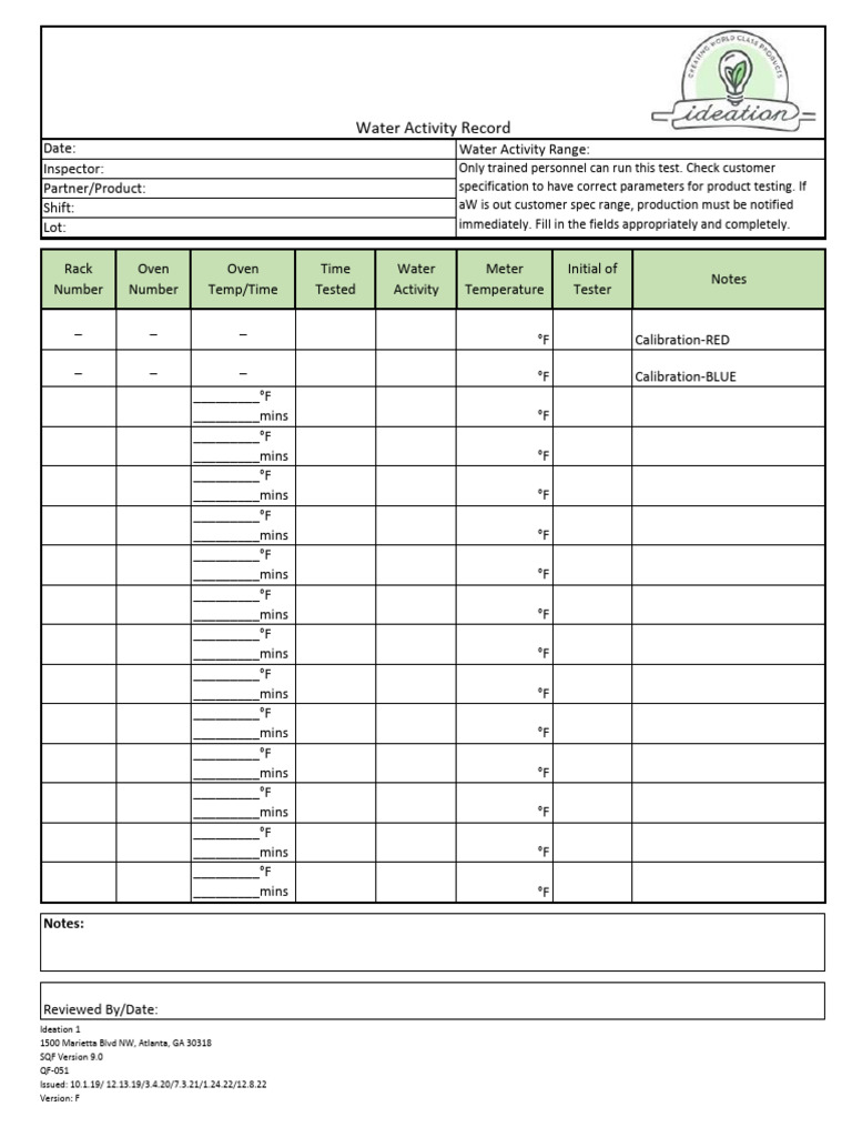 QF-051 Water Activity Record | PDF