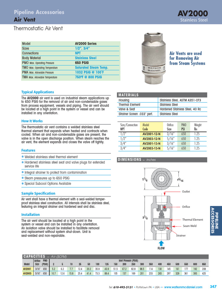 Stainless Steel AV2000 Air Vent | PDF | Valve | Steam