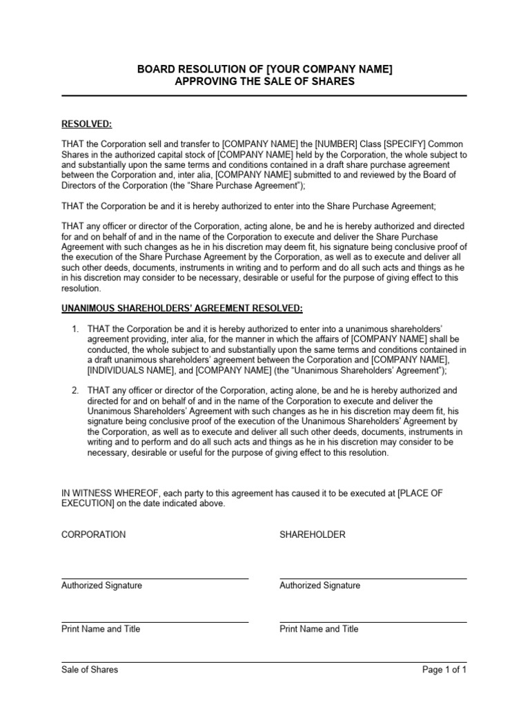 Board Resolution Approving Sale of Shares D49 | PDF | Corporations ...
