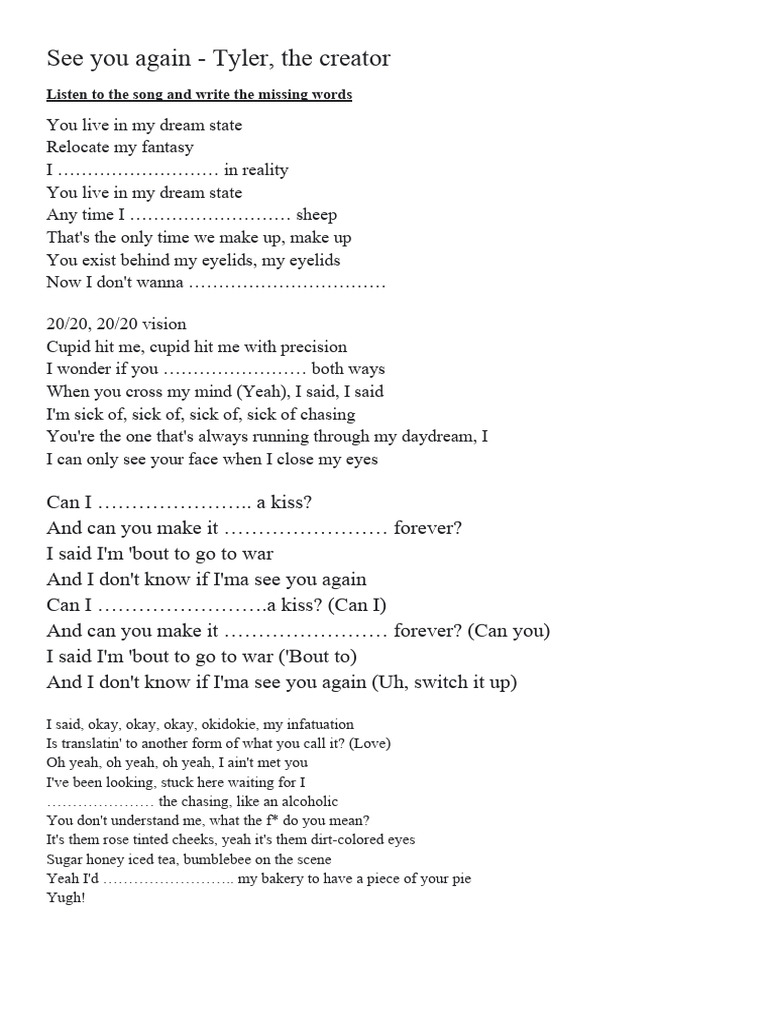 See You Again - Tyler, The Creator Lyrics | PDF | Poetry