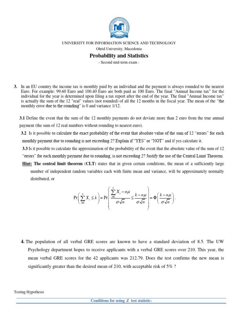 Second Mid-Term - Exam - Probability and Statistics - B - Second | PDF ...