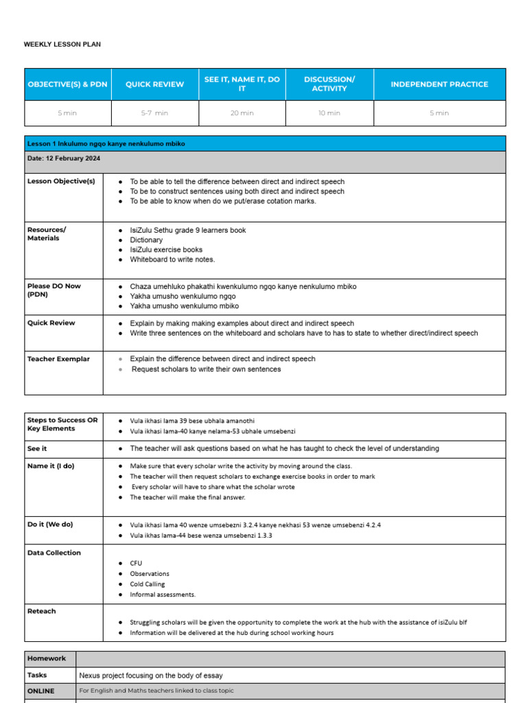 Week 4IsiZulu Lesson Plan Term 1 2024 | PDF | Lesson Plan | Education ...