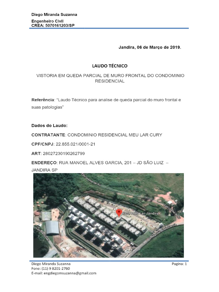 LAUDO TÉCNICO VISTORIA EM QUEDA PARCIAL DE MURO FRONTAL DO CONDOMINIO RESIDENCIAL - PDF | PDF