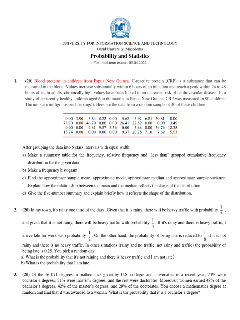 First Mid Term - Example | PDF | Mode (Statistics) | C Reactive Protein