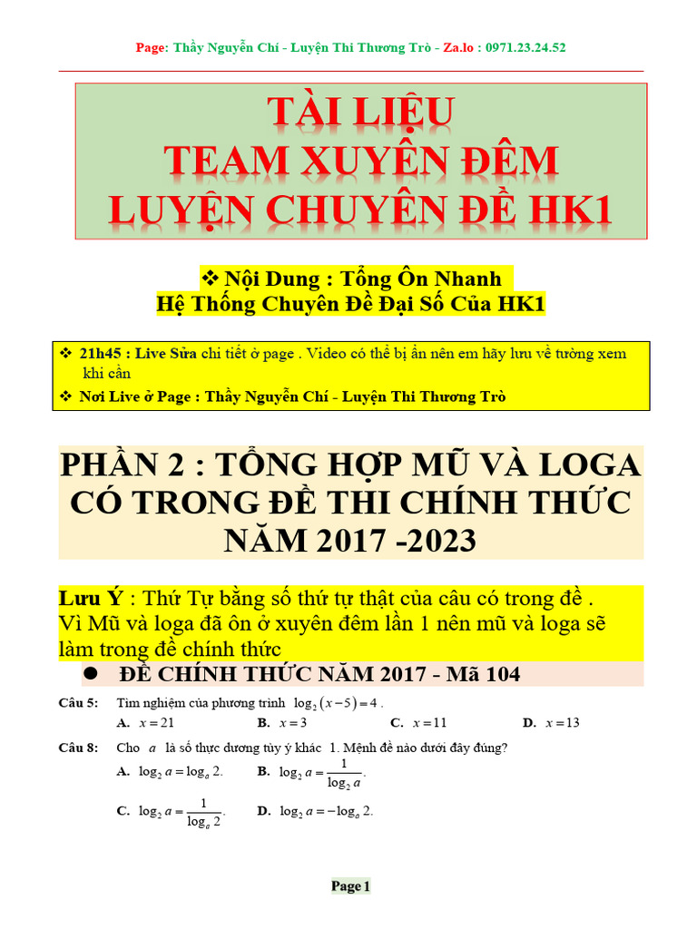 TAI LIỆU MŨ VA LOGA TRONG ĐỀ THI CHÍNH THỨC | PDF