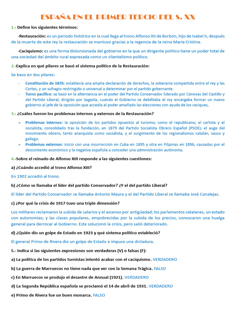 ACTIVIDADES SOBRE ESPAÑA EN EL PRIMER TERCIO DEL S.XX | PDF | Francisco ...