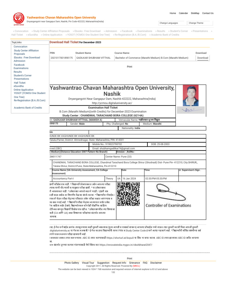 Yashwantrao Chavan Maharashtra Open University Hall Ticket | PDF