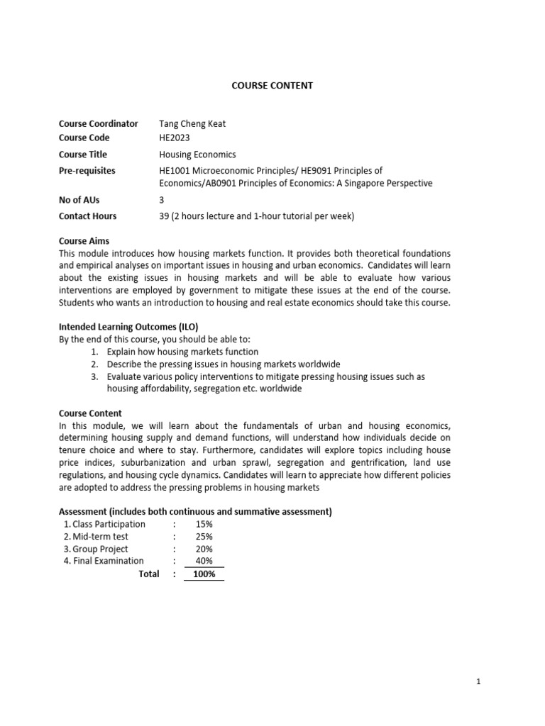 Housing Economics Course Overview | PDF | Real Estate Economics | Economics