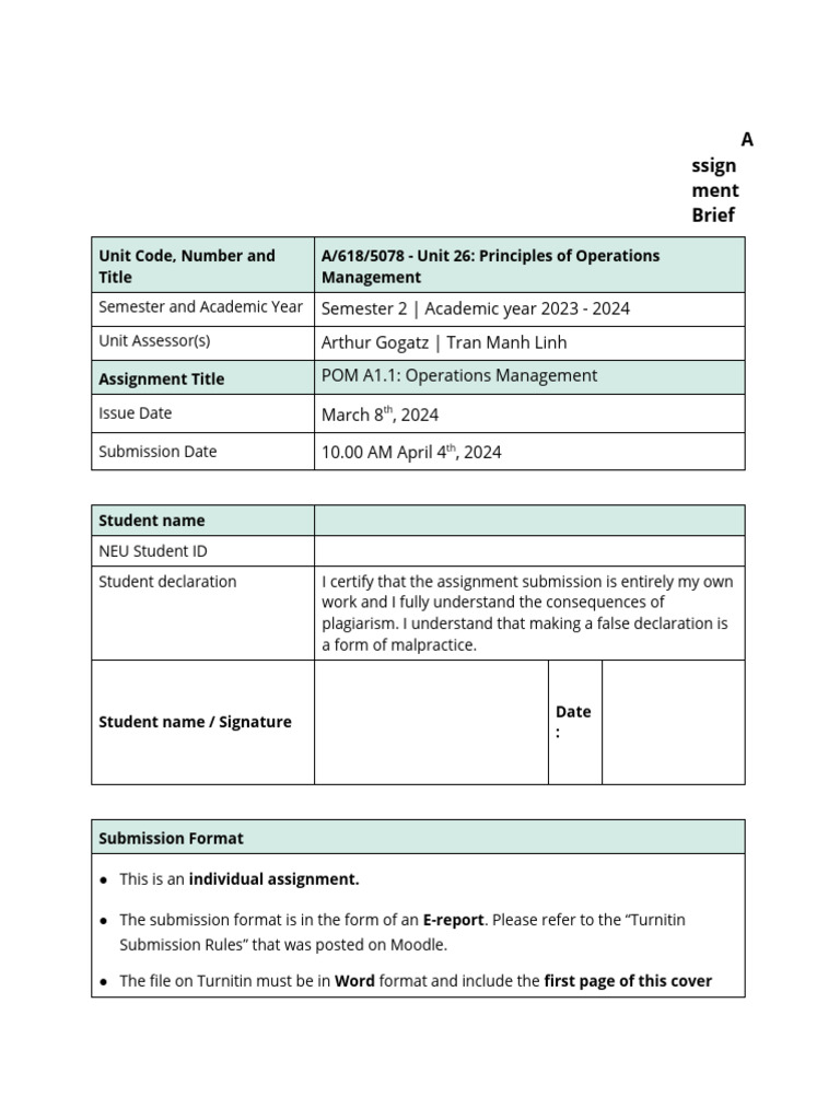 POM A1.1 Brief 2024 | PDF | Operations Management | Risk