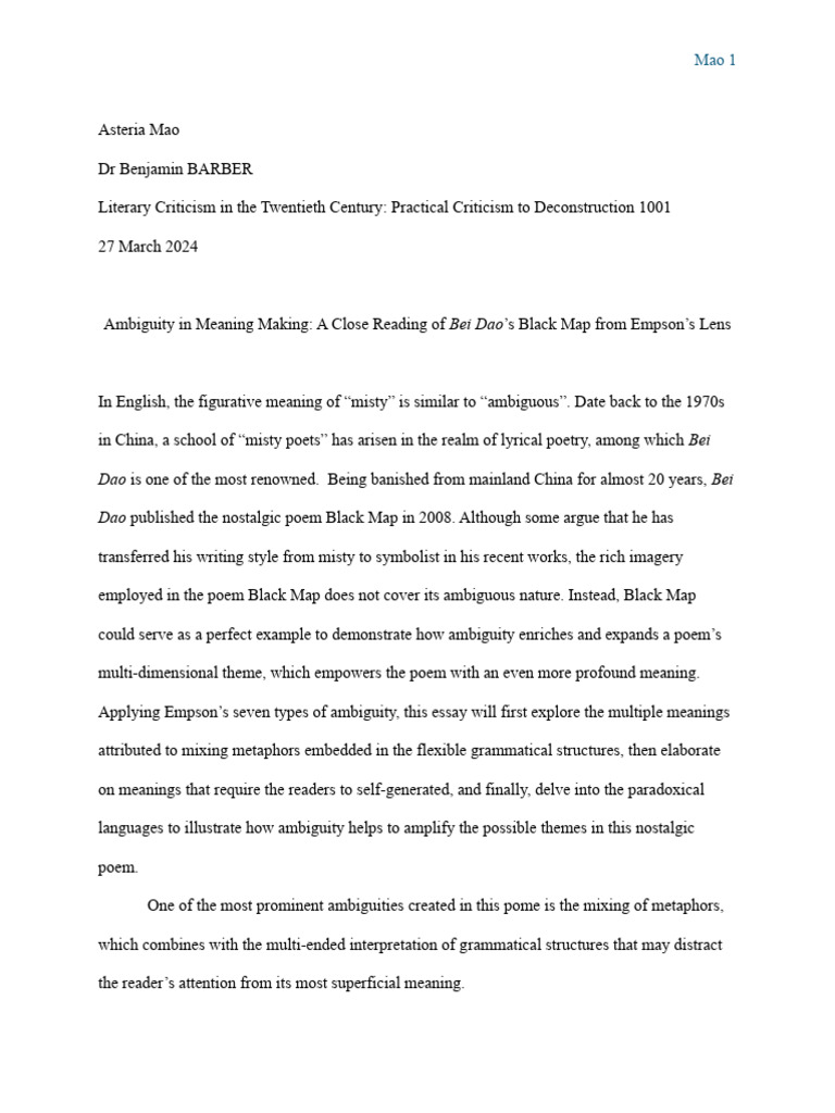 Analyzing Ambiguity in Bei Dao's Black Map | PDF | Poetry | Ambiguity