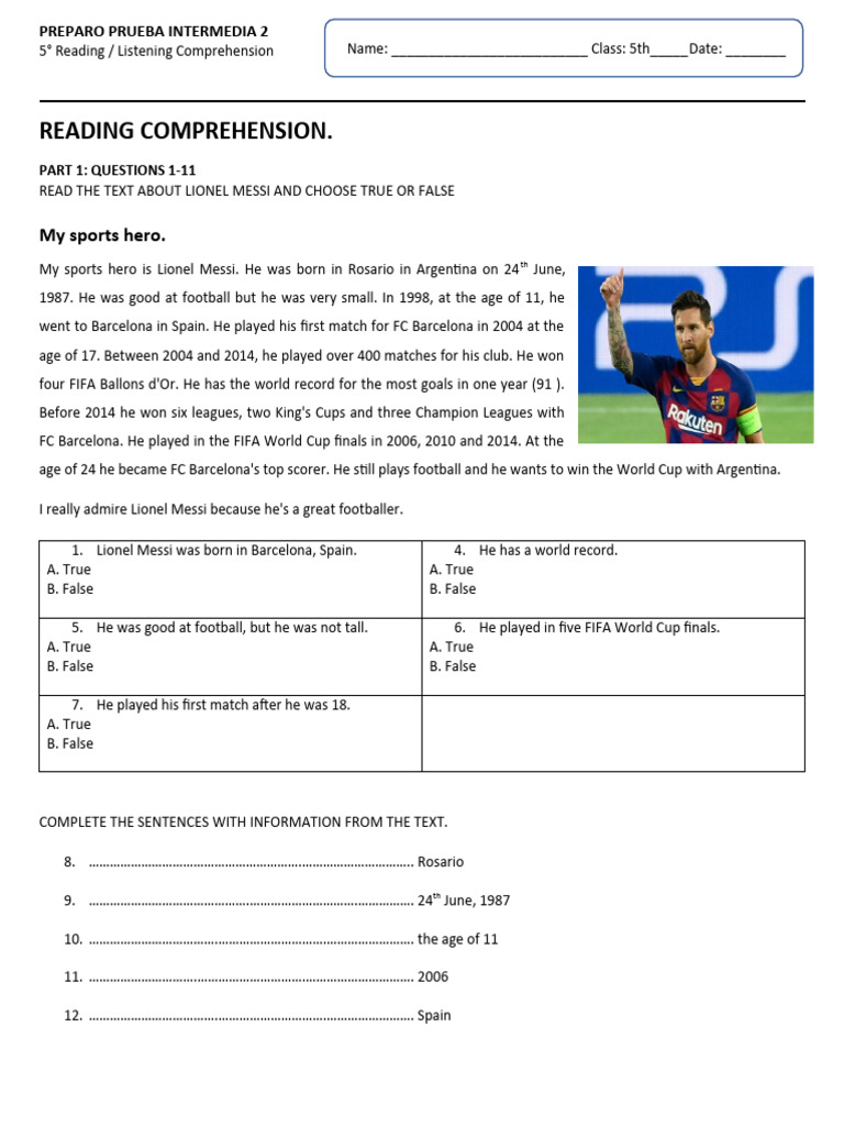 5° Reading Comprehension - Lionel Messi | PDF | Sports & Recreation