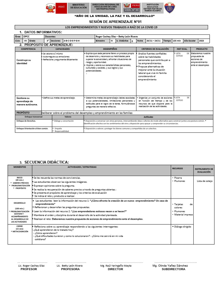 SESIÓN DE APRENDIZAJE #01 - 8 U - DPCC. 3° Año | PDF | Iniciativa empresarial | Aprendizaje