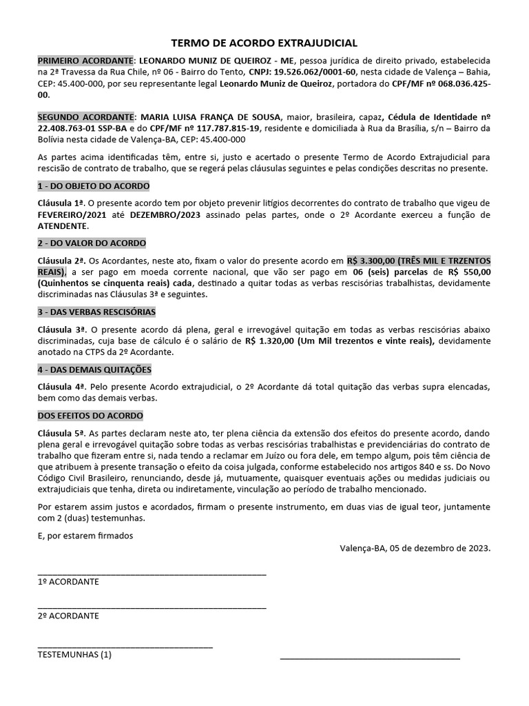 TERMO DE ACORDO EXTRAJUDICIAL - LEONARDO MUNIZ DE QUEIROZ X MARIA LUISA ... TERMO DE ACORDO EXTRAJUDICIAL - LEONARDO MUNIZ DE QUEIROZ X MARIA LUISA ...