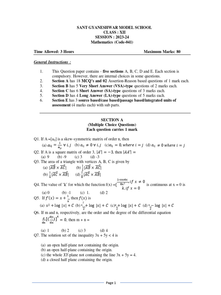 Maths Pre Board | PDF | Mathematical Physics | Applied Mathematics