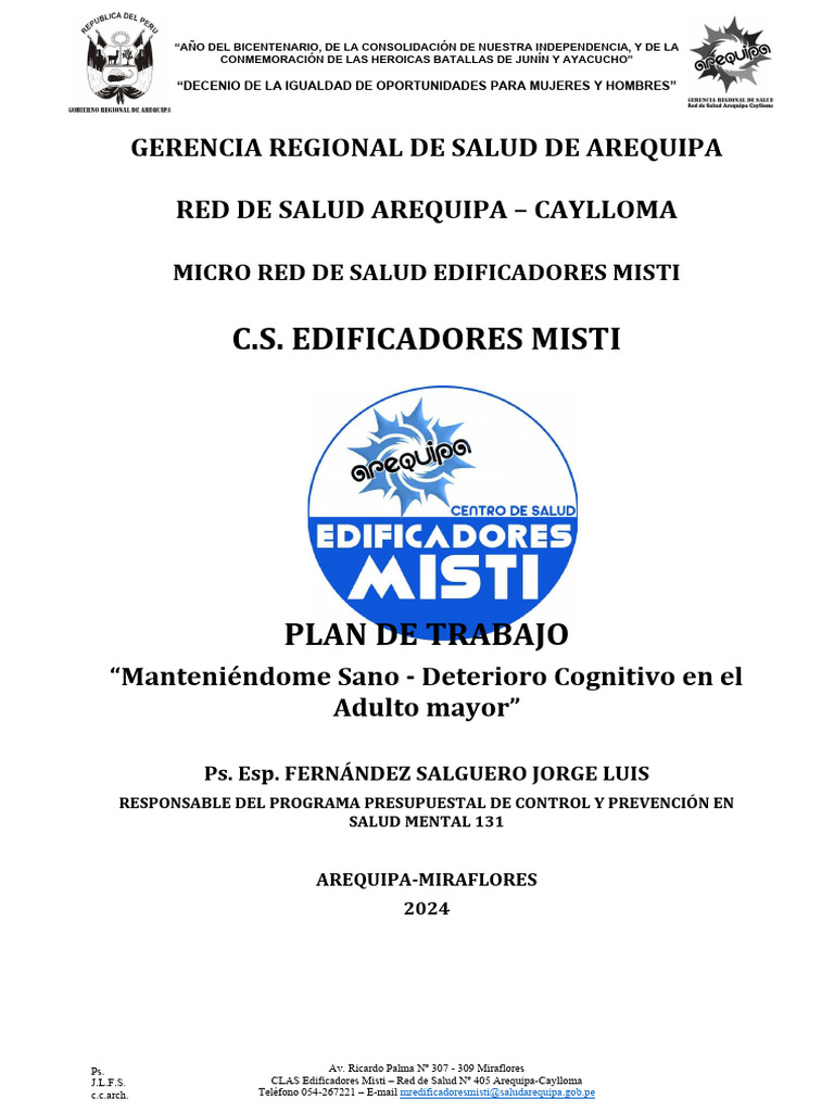 2024 - Plan de Trabajo Sobre Deterioro Cognitivo - Club Del Adulto Mayore Del C.S. Edificadores ...