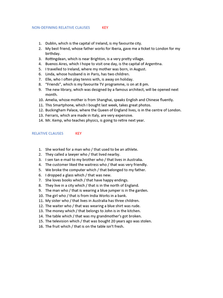 Answer - Key Relative Clauses | PDF