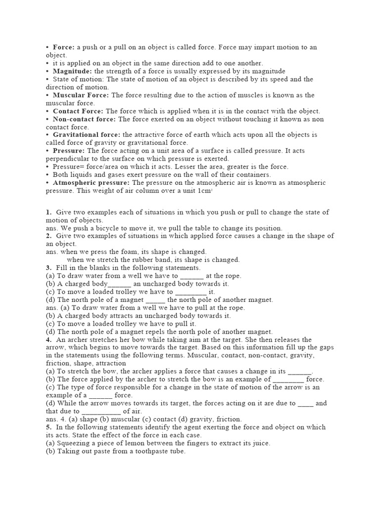 Force - Notes and Questions | Download Free PDF | Force | Pressure