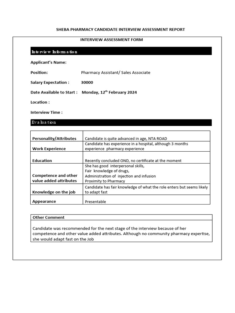 Interview Assessment Form | PDF | Pharmacy | Health Care